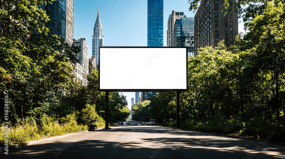 Photorealistic mockup of a white billboard in a metropolitan cityscape ...