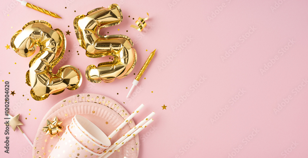 Festive 25th birthday setup featuring shiny golden balloons, sparkling ...