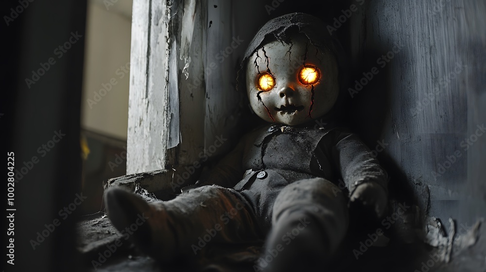 14. A possessed doll figure with glowing eyes and cracks in its face ...