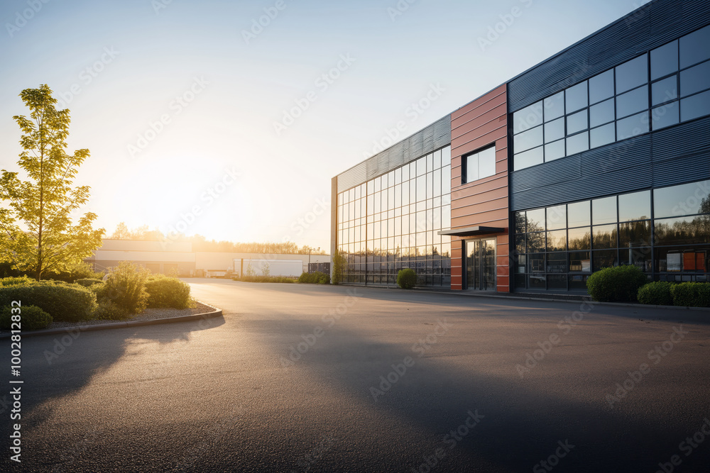 Modern office building exterior with large glass windows reflecting ...