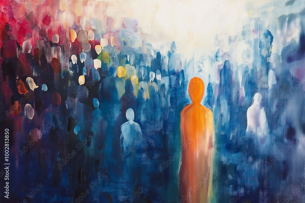 Abstract painting featuring a single orange figure standing out against ...