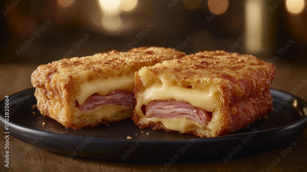 Un clásico sándwich frito relleno de jamón y queso derretido, servido ...