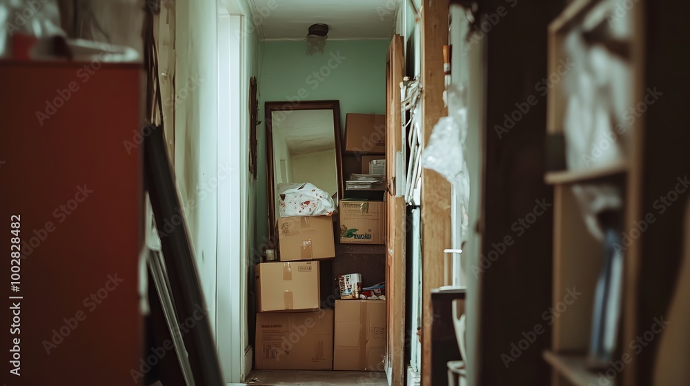 A hallway overflowing with stacked and packed moving boxes with a ...