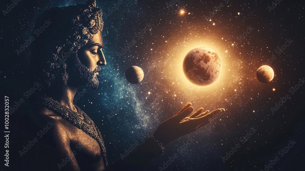 Vishnu in a serene cosmic form, balancing planets and stars in his ...