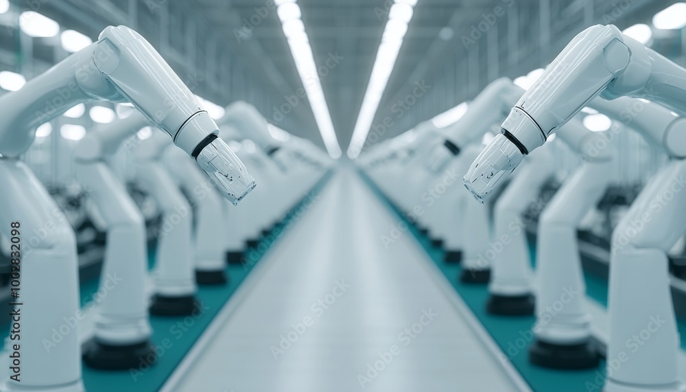 Industrial robotic arms in a modern manufacturing facility, white ...