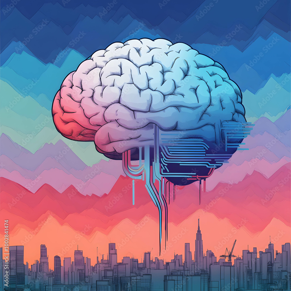 Symbols of data waves flowing into the brain, representing deep data ...