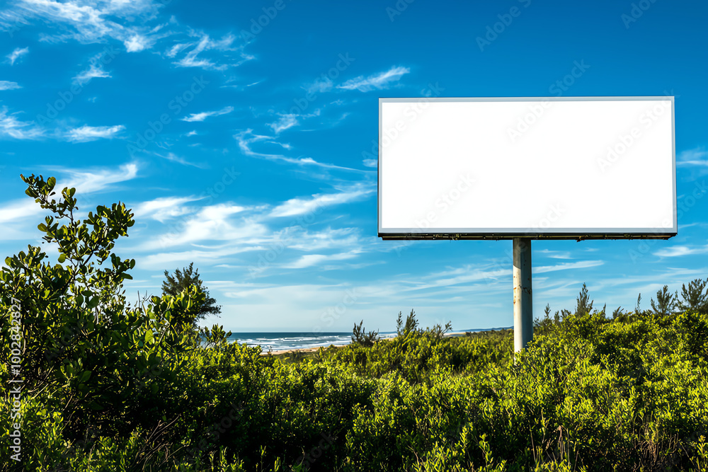 Blank white horizontal billboard mockup along a coastal roadside, ocean ...