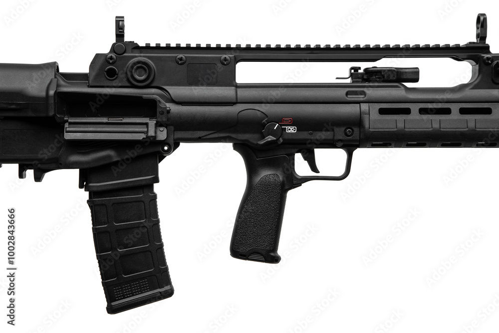 Close-up of the rifle's bolt. Modern carbine of the bullpup system ...
