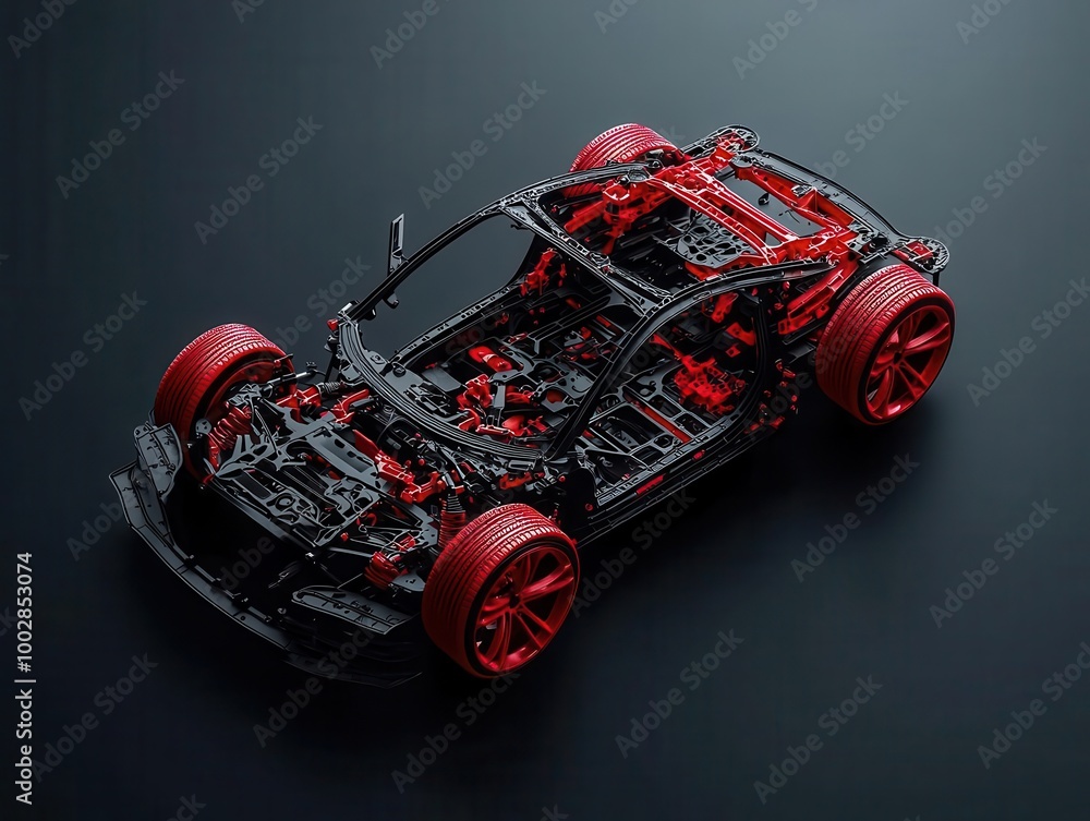 Detailed 3D model of a sports car chassis with labeled materials, 3D ...