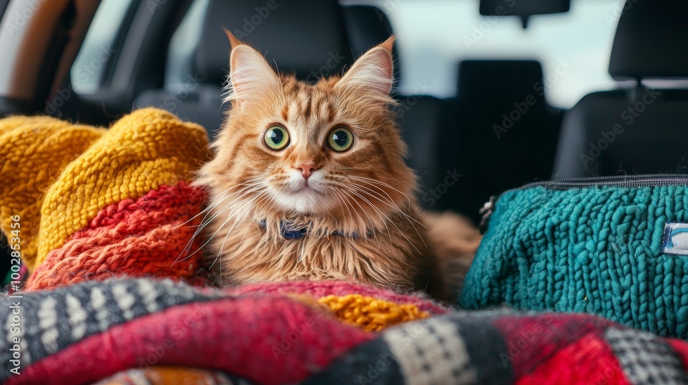 Maine coon cat sitting in the back of a car, luggage and blankets ...