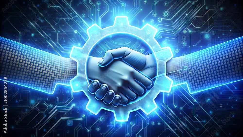 Tech Collaboration: Handshake Merging Gear and Code Icons for ...