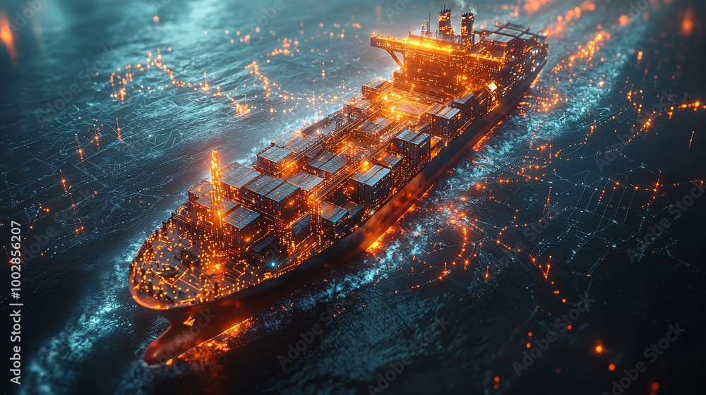 Capture a futuristic cargo vessel navigating a glowing world map, with ...