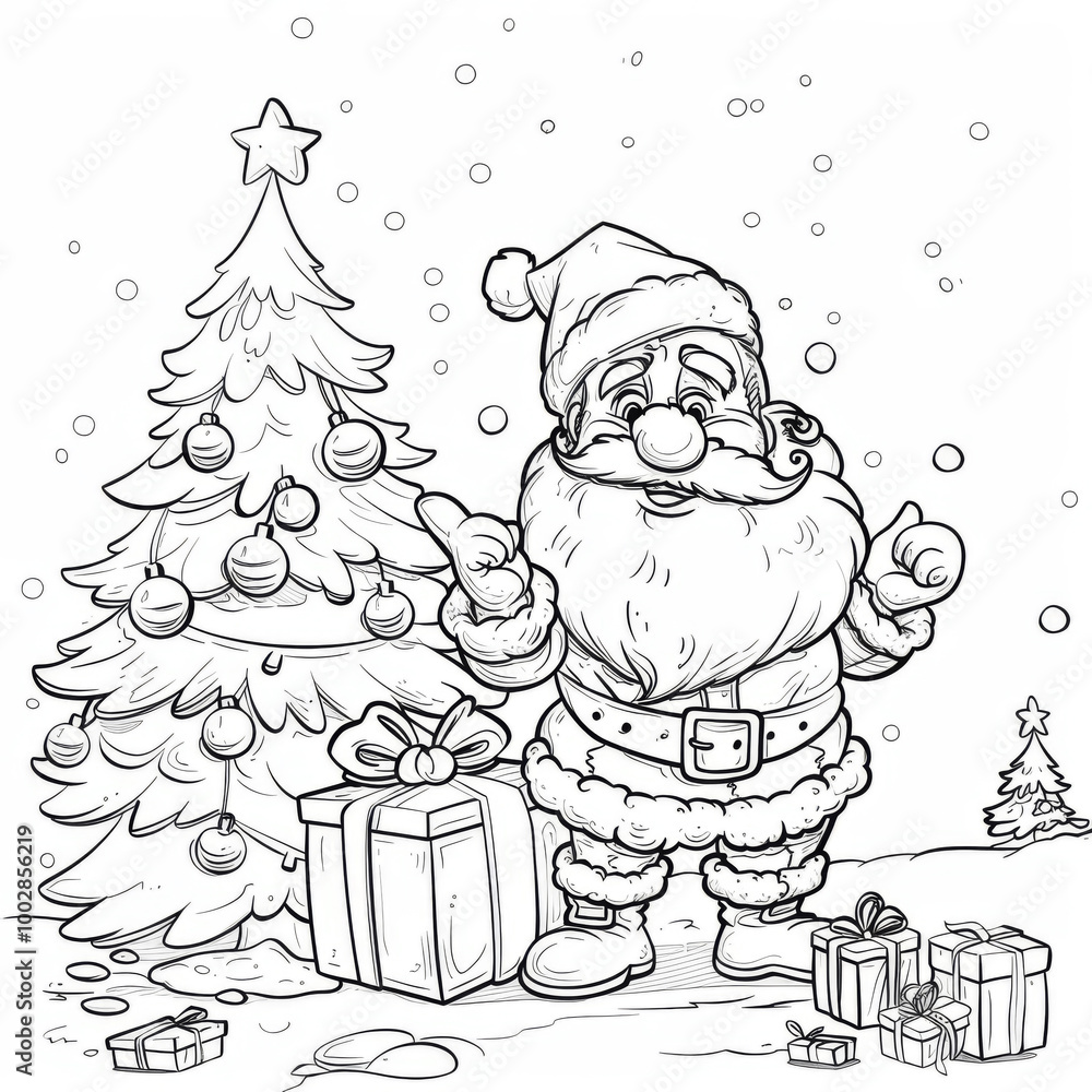 Santa Claus with gifts near the Christmas tree coloring page for kids ...