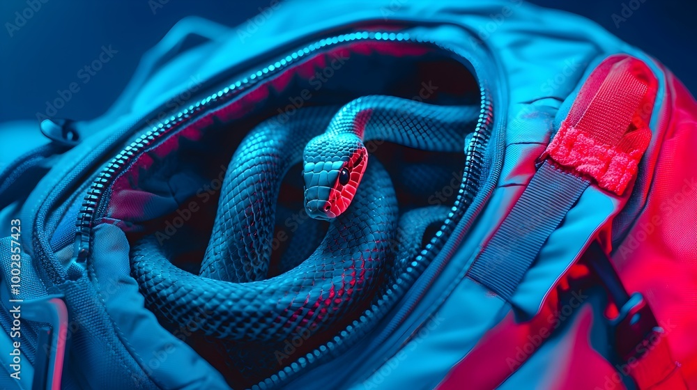Sinister snake coiled inside a child s backpack the zippers half open ...