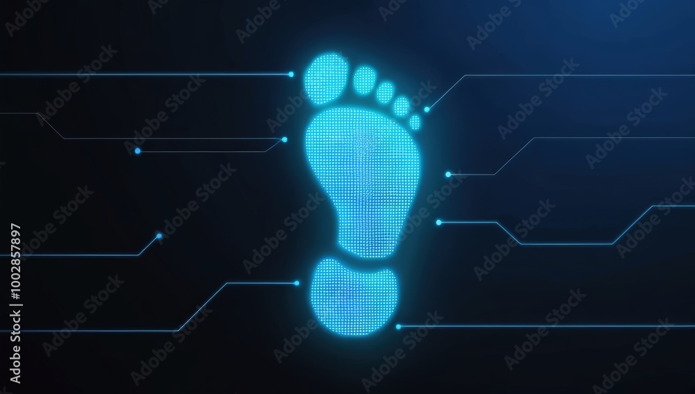 glowing blue digital footprint against a dark background with circuit ...
