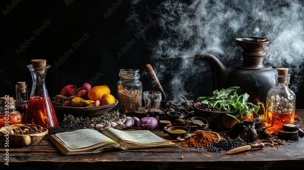 a witches potion table full of strange ingredients as told in fairy ...