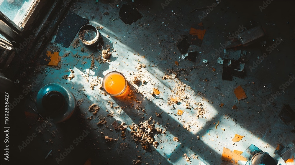 Spilled liquids and scattered crumbs create a messy disorganized scene ...