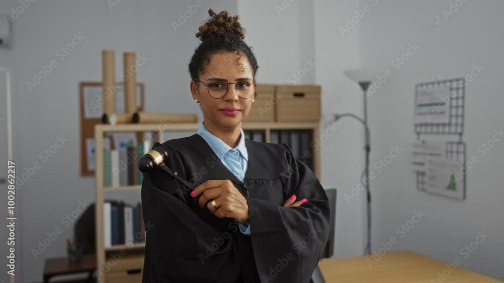 Female judge with glasses and curly hair stands confidently with ...