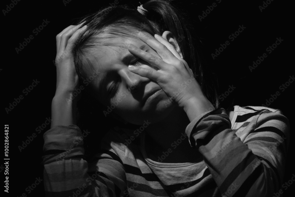 Portrait of depressed and sad girl with scream in mental and psychic ...