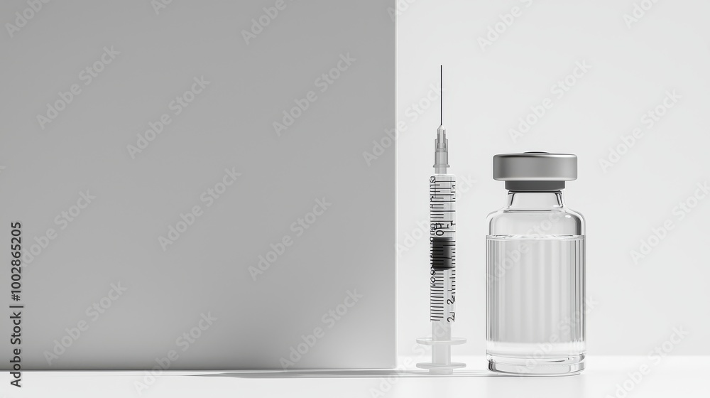 Close-up of a syringe and vaccine bottle placed on a clean white ...