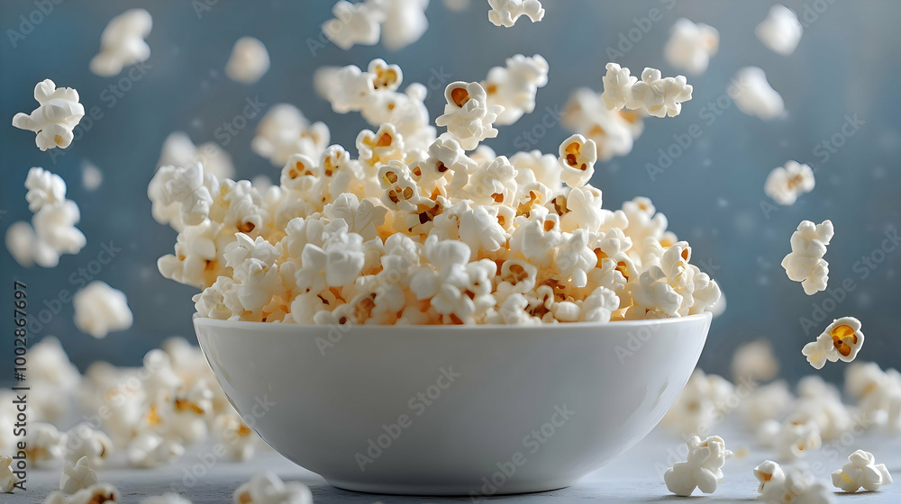 Freshly Popped Popcorn Overflowing from White Bowl in Mid-Air - A ...