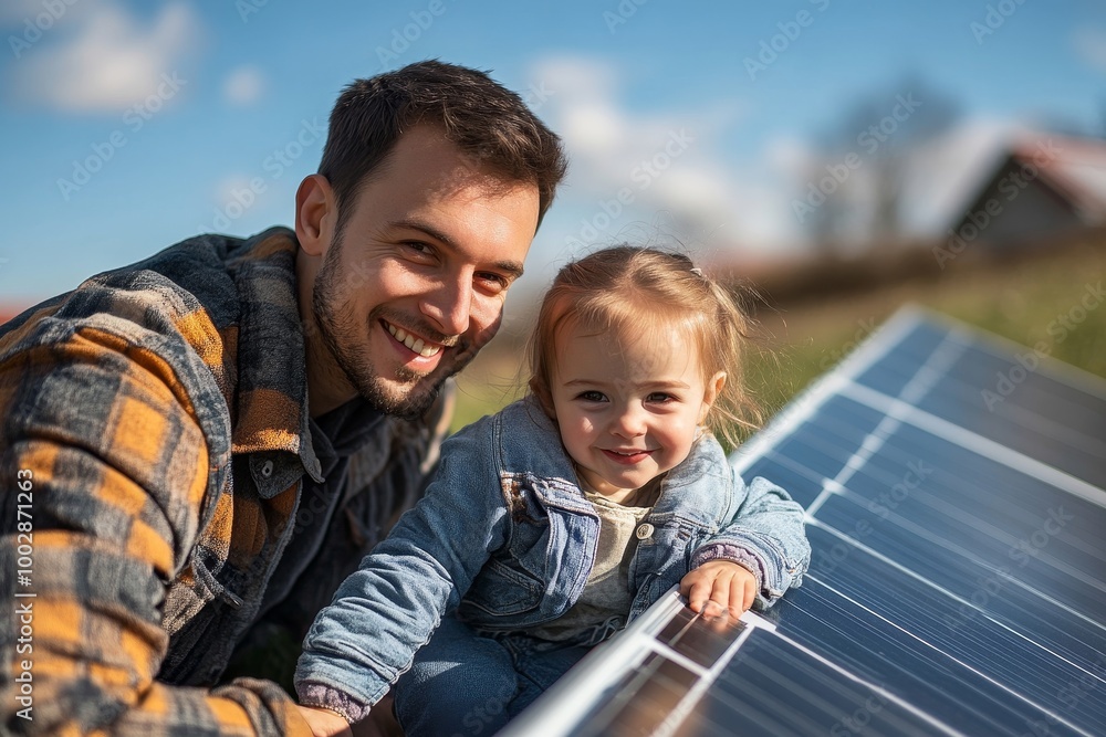 Dad and girl plying with house with solar panels on roof, learning ...