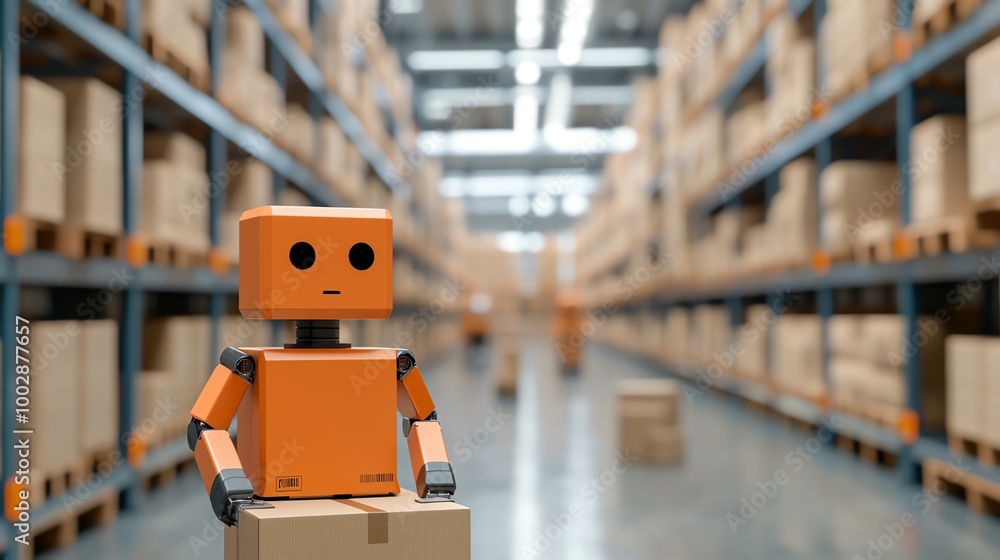 Automated packaging robots sorting and boxing products in a warehouse ...