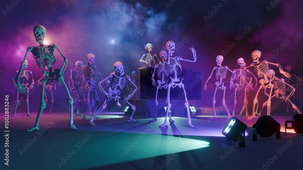 Haunted Halloween party: skeleton DJ at the mixing console surrounded ...