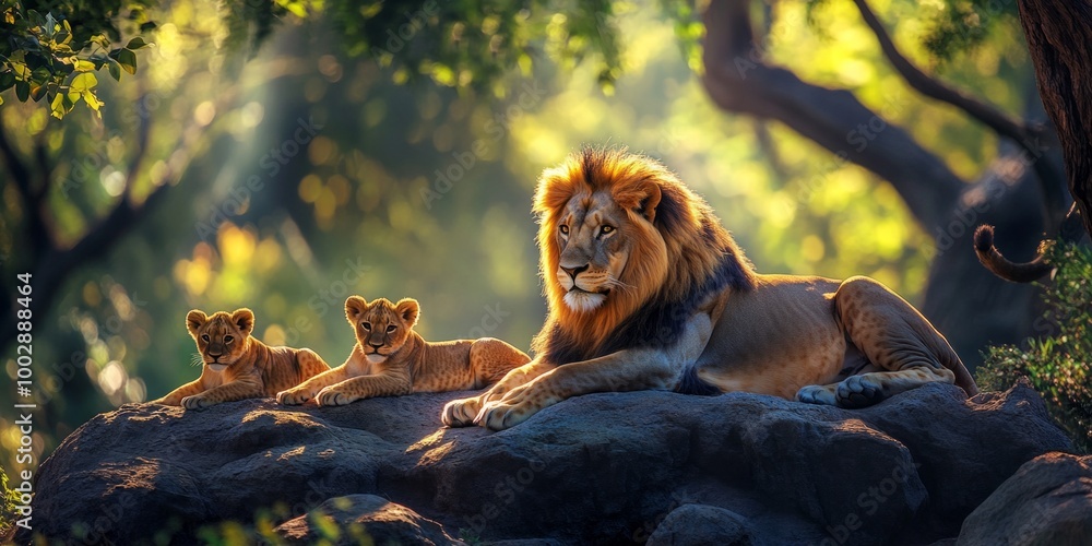 Majestic lions resting in a serene environment. This image captures a ...
