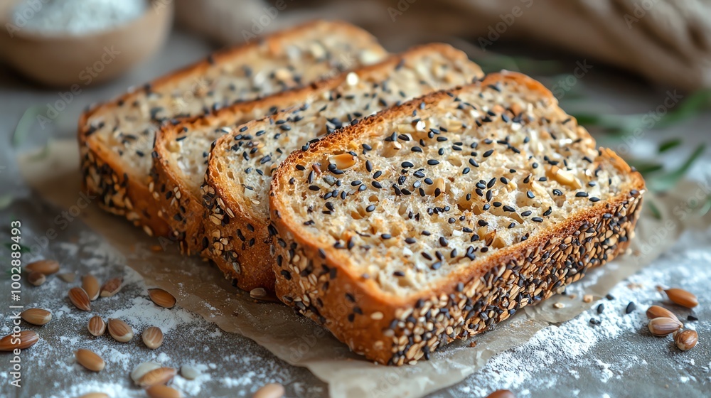 Crispy multigrain bread slices with seeds, placed on a rustic surface ...