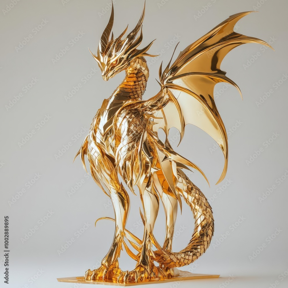 Craft a majestic gold sculpture of a mythical creature, gleaming in the ...
