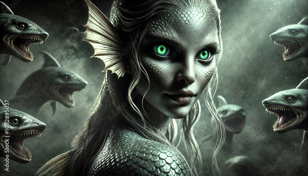 Closeup of a Silver-Scaled Mermaid with Glowing Green Eyes Surrounded ...
