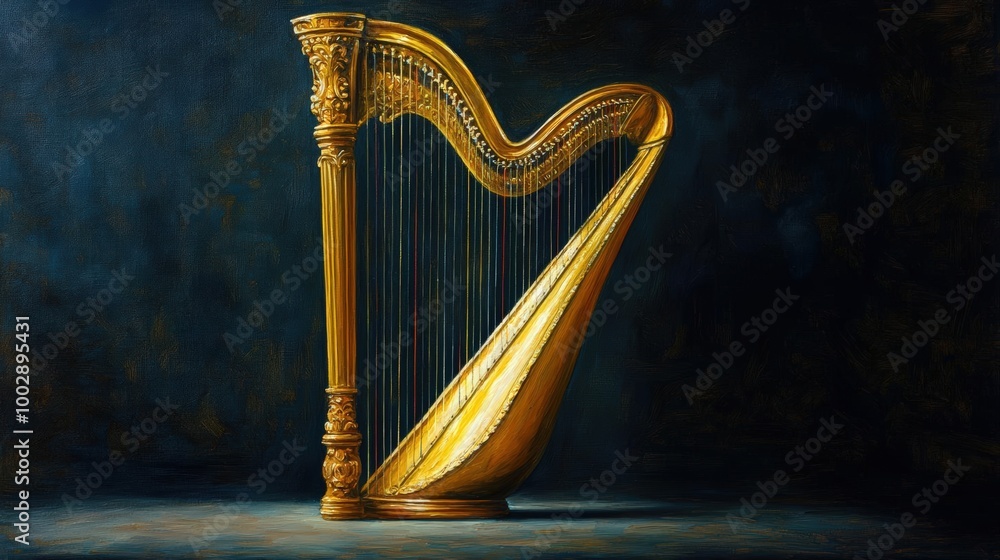 Illustrate a traditional oil painting of a golden harp standing alone ...