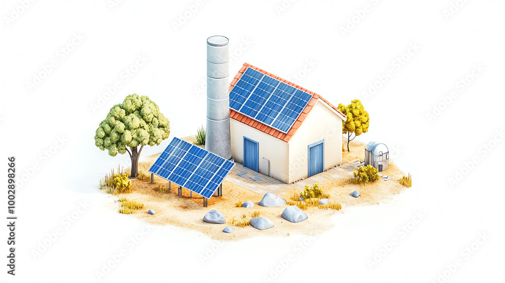 Miniature solar farm power plant in isometric 3D view, bright white ...