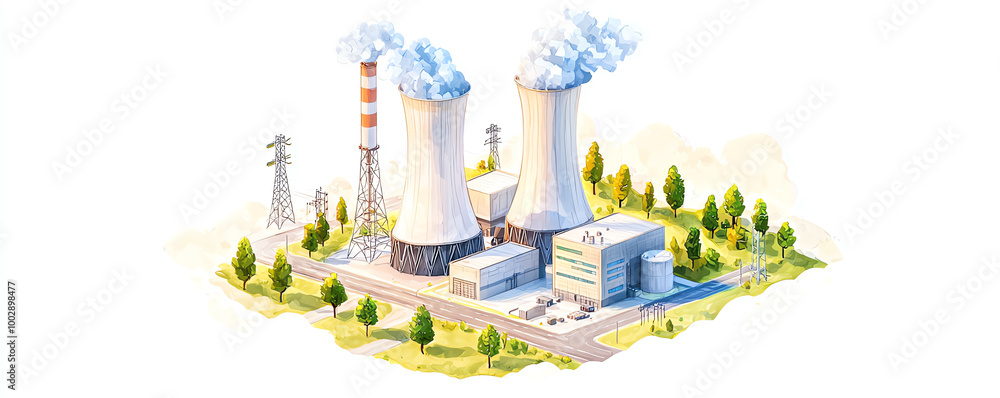 Isometric 3D model of a compact power plant with cooling towers Stock ...