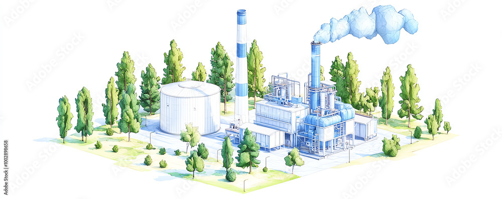 Isometric 3D model of a futuristic power plant, clean white background ...