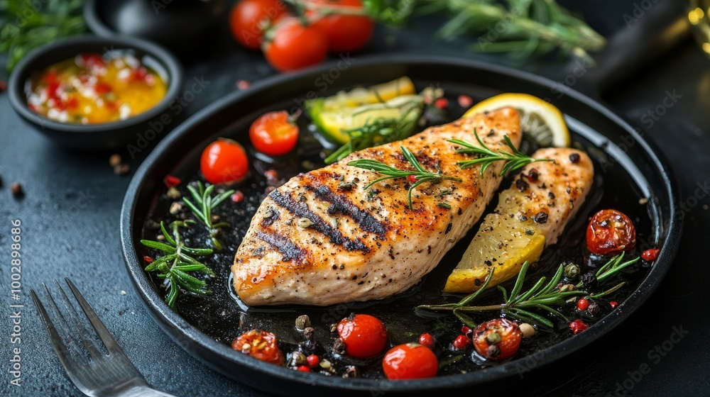 Pechuga de pollo asada a la parrilla servida con rodajas de limón ...