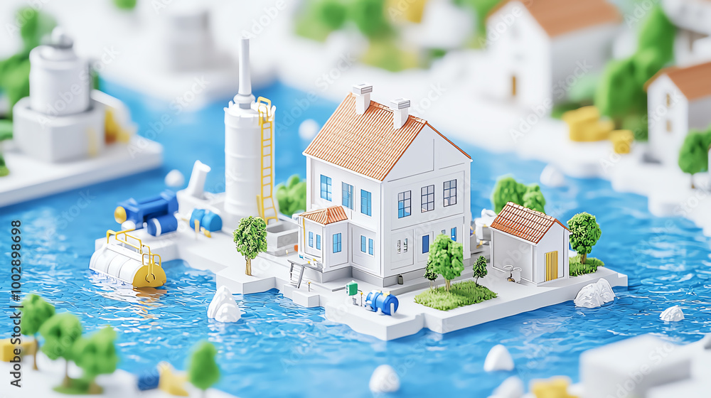 Miniature 3D model of a tidal power plant, isometric view on a white ...