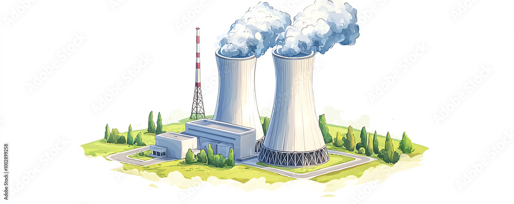 Miniature nuclear power plant in isometric view, 3D model on white ...