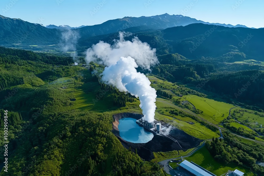 A geothermal power plant with steam rising from the ground, showcasing ...