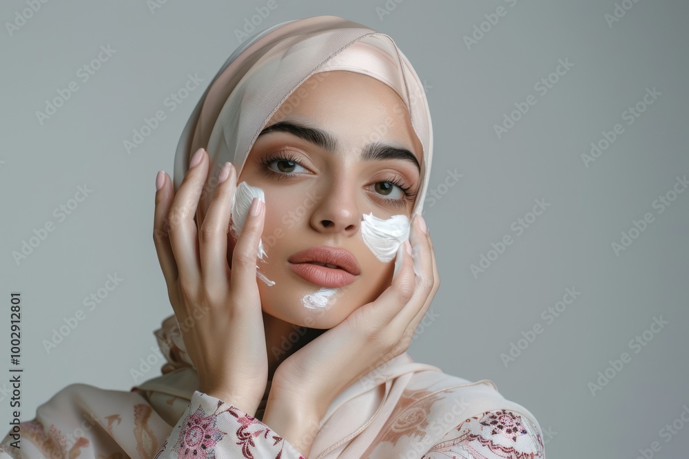 Arabic model woman wears pink hijab with white scarf. She gently holds ...