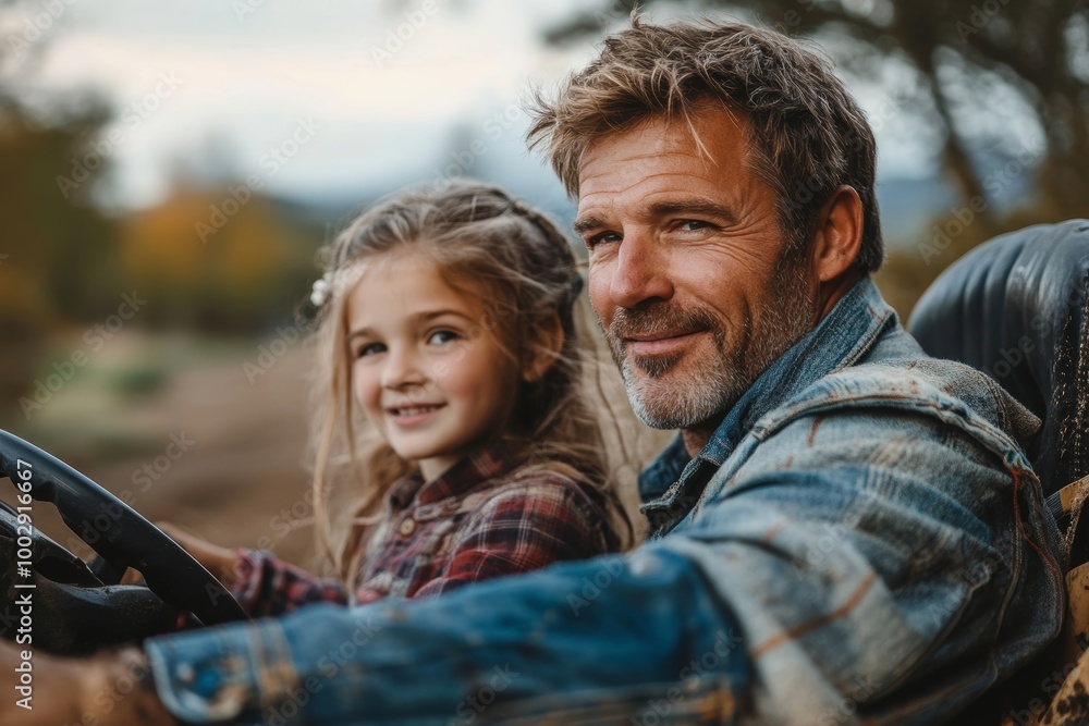 Farmer father riding tractor with his daughter. Girl growing up on ...
