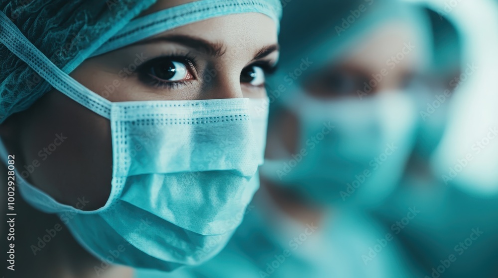 Intense close-up of medical professionals wearing surgical masks ...