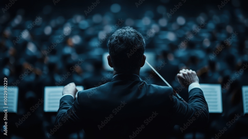 The conductor is captured mid-action, guiding the orchestra with energy ...