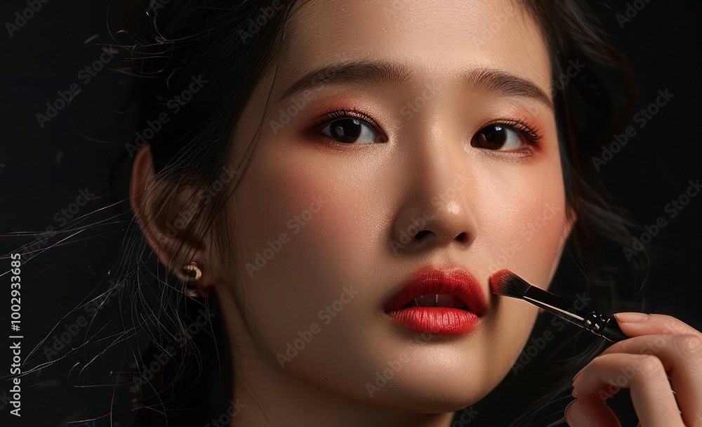 Asian model woman applies red lipstick with black makeup brush. Close ...