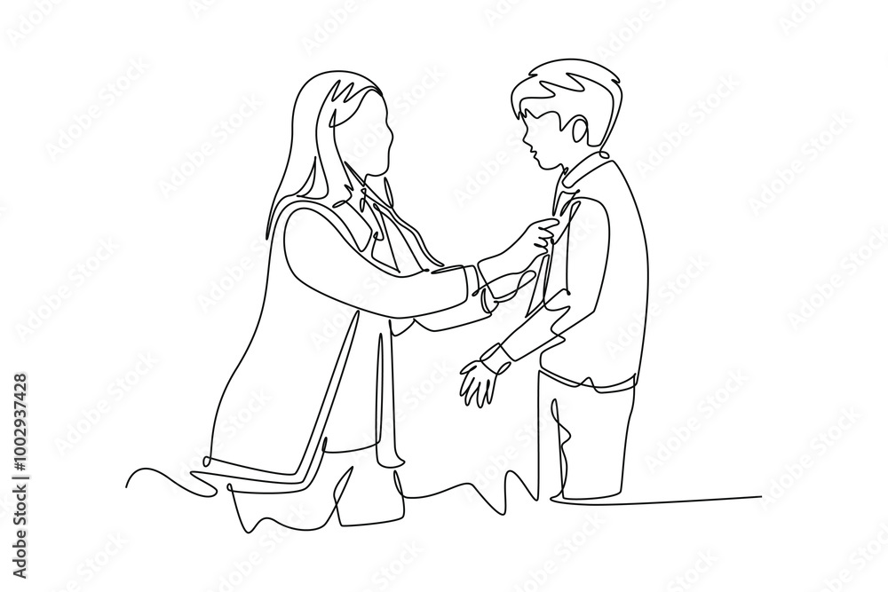 Continuous one line drawing of female pediatric doctor examining heart ...