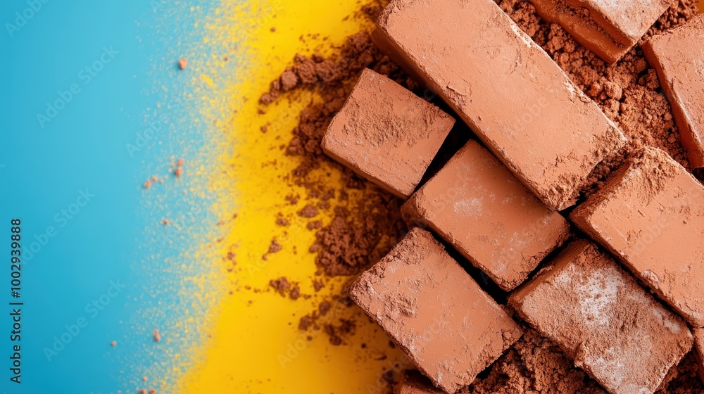 Aerial shot of scattered bricks against a vivid blue-and-yellow ...