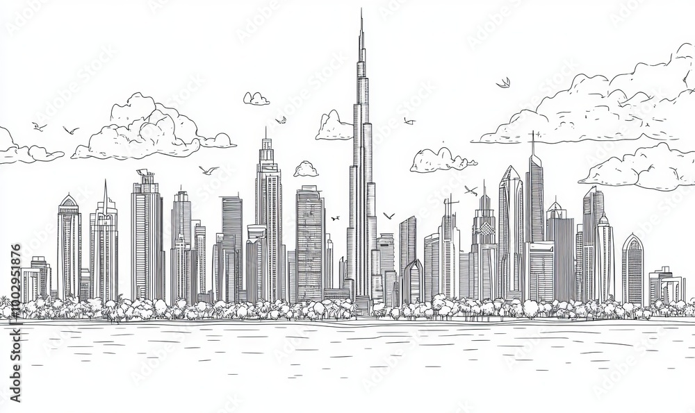 One continuous line drawing of Dubai city skyline United Arab Emirates ...