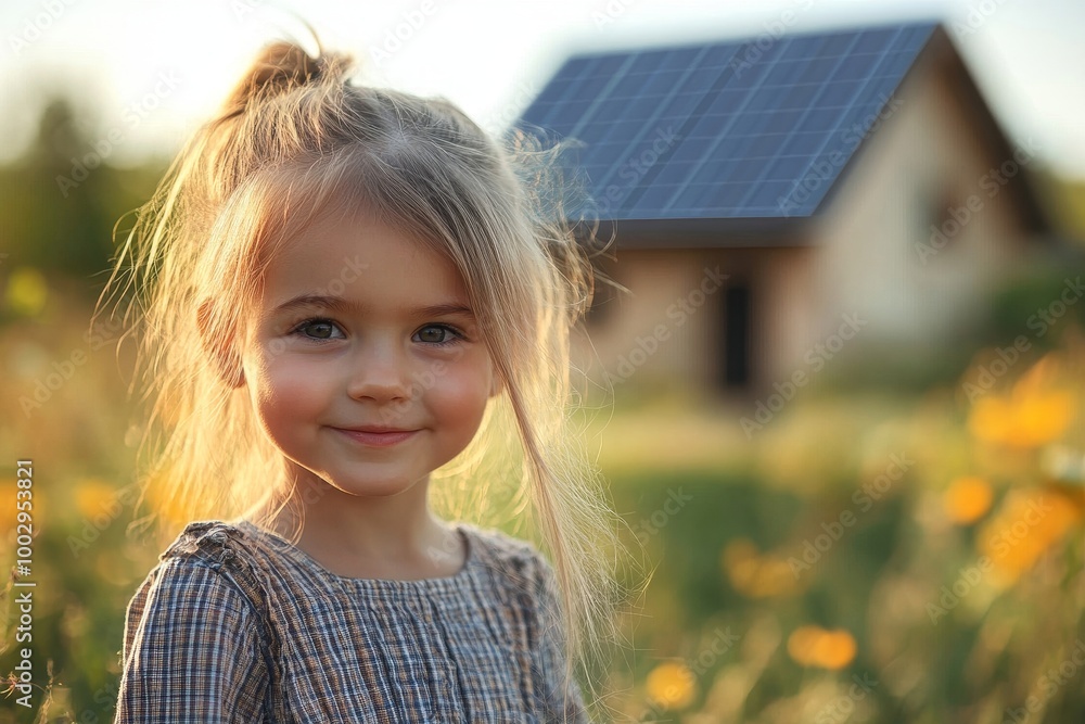 Little girl with model of solar panel, standing in the middle of meadow ...