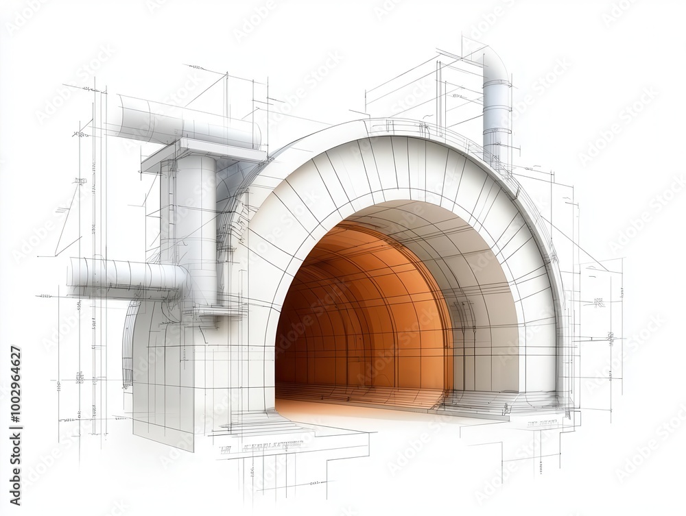 Sectional technical drawing of a tunnel, showing excavation lines ...